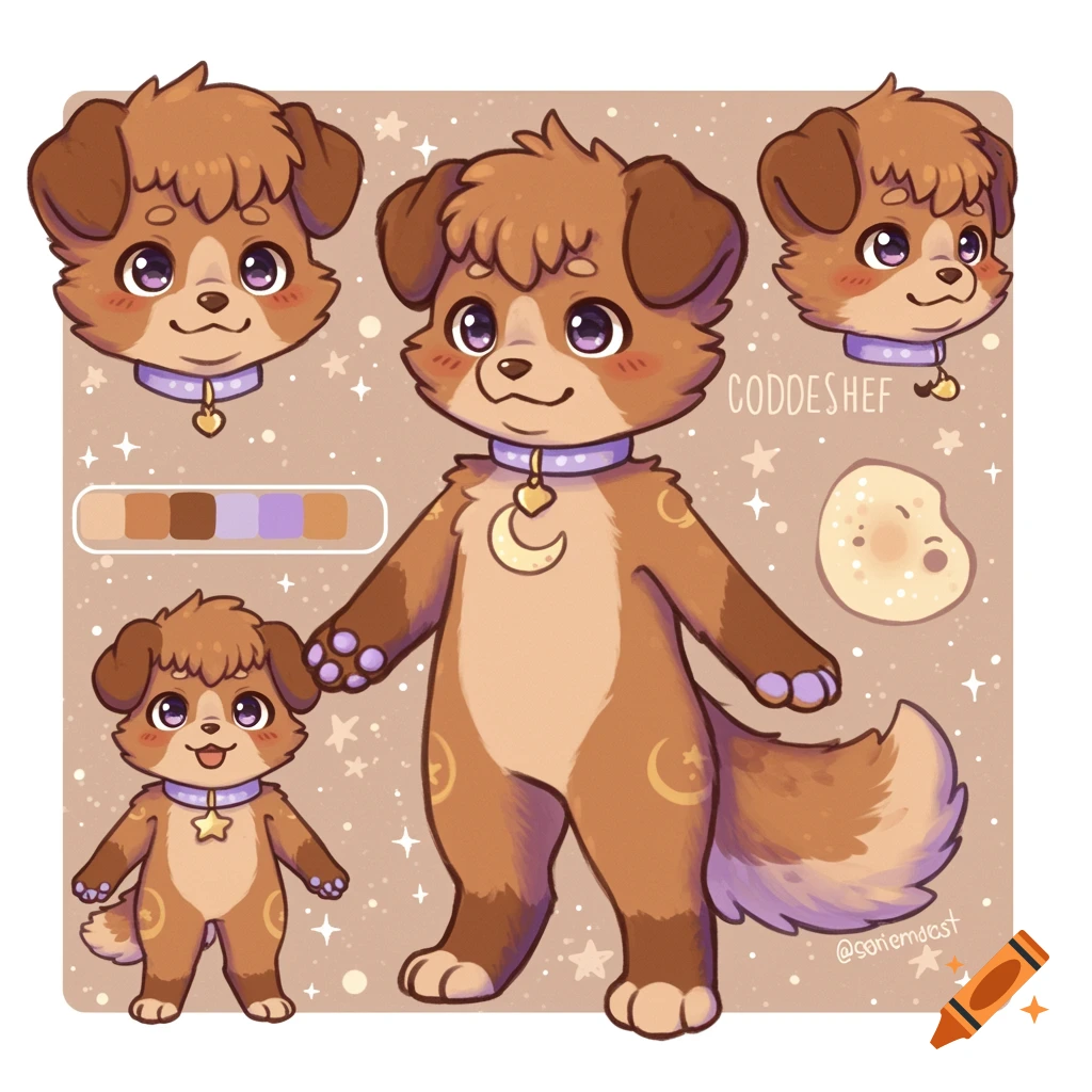 Toddler anthro puppy boy reference sheet with caramel fur, star freckles, moon marking, and ...