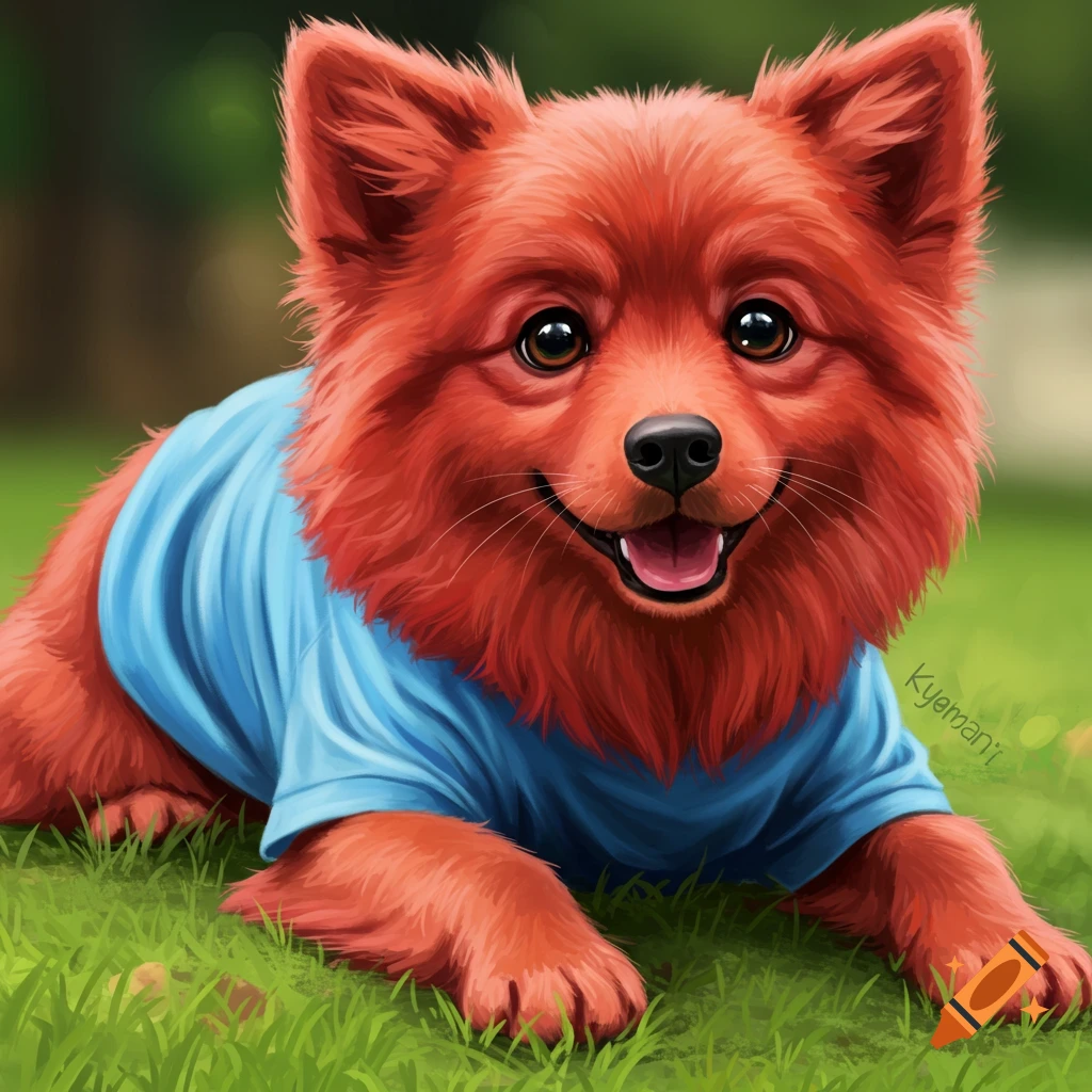 Illustration of a red dog wearing a blue shirt lying in grass on Craiyon