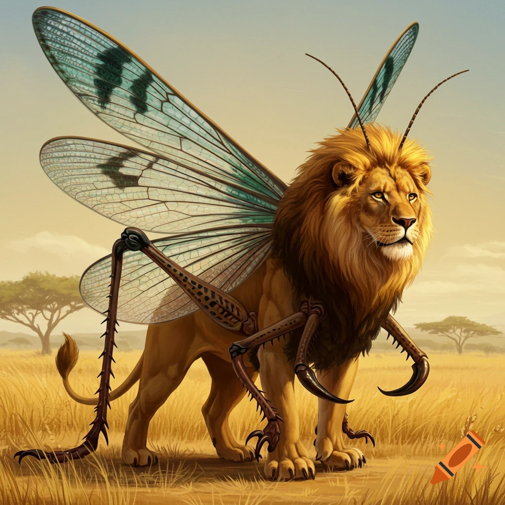 A realistic illustration of a lion and locust hybrid creature standing ...