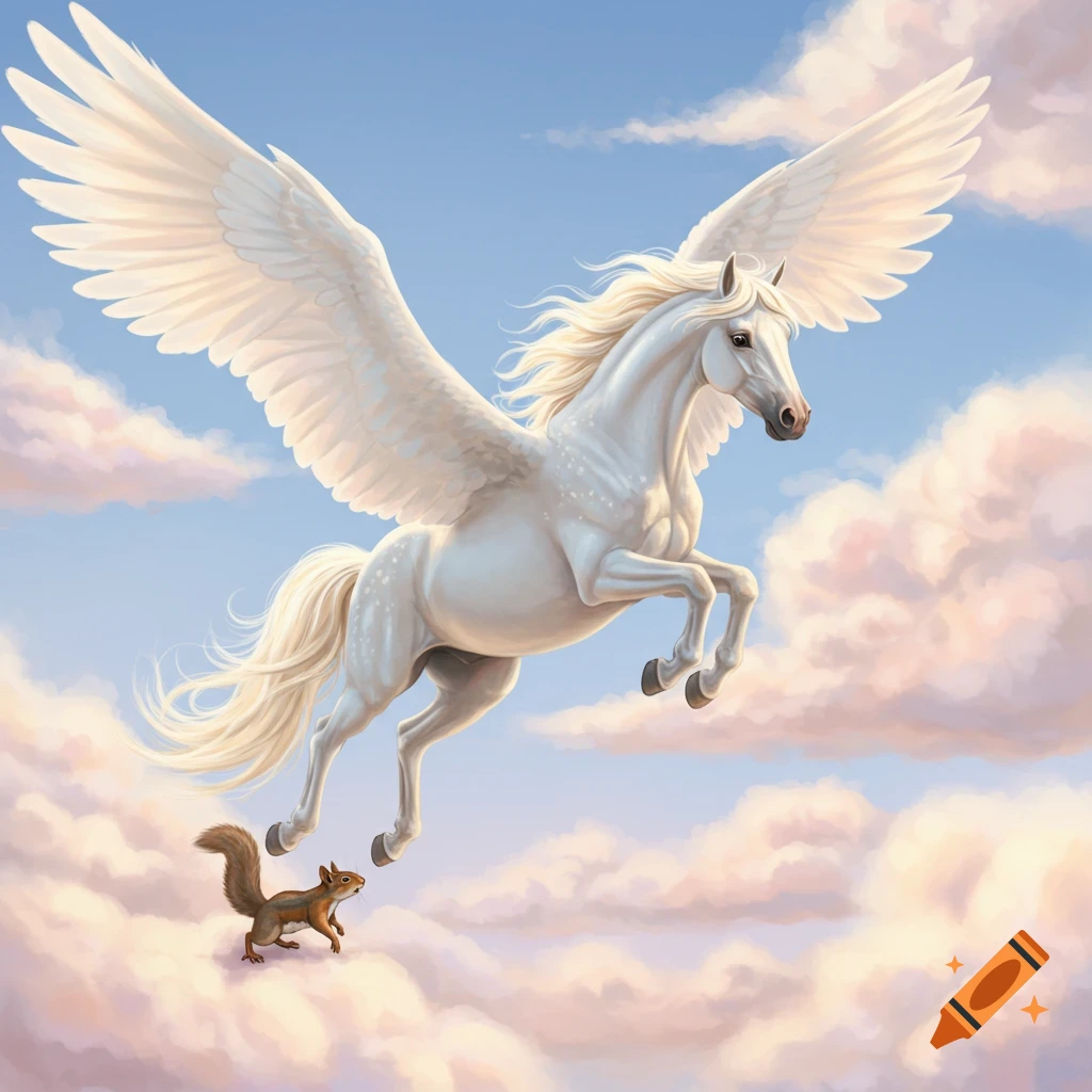 Pegasus flying through clouds with squirrel holding its tail on Craiyon