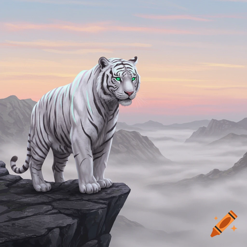 Silver tiger overlooking from a ridge on Craiyon