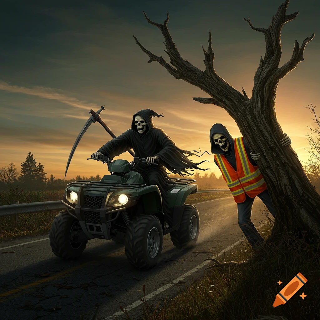 Grim reaper on a four wheeler, skeleton wearing safety vest. on Craiyon
