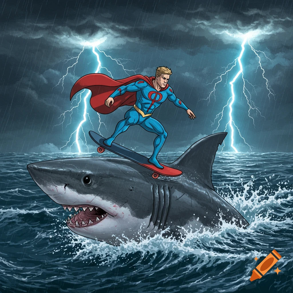 Sasuke Uchiha skateboarding over shark in ocean with lightning on Craiyon