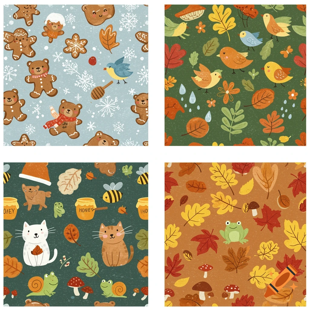 Four cute patterns: gingerbread bears and snowflakes, birds and leaves, cats, bees, and honey ...
