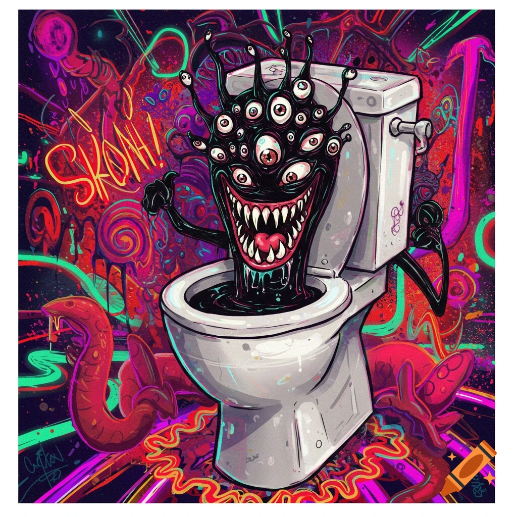 A multi-eyed, sharp-toothed monster emerges from a toilet in a chaotic ...