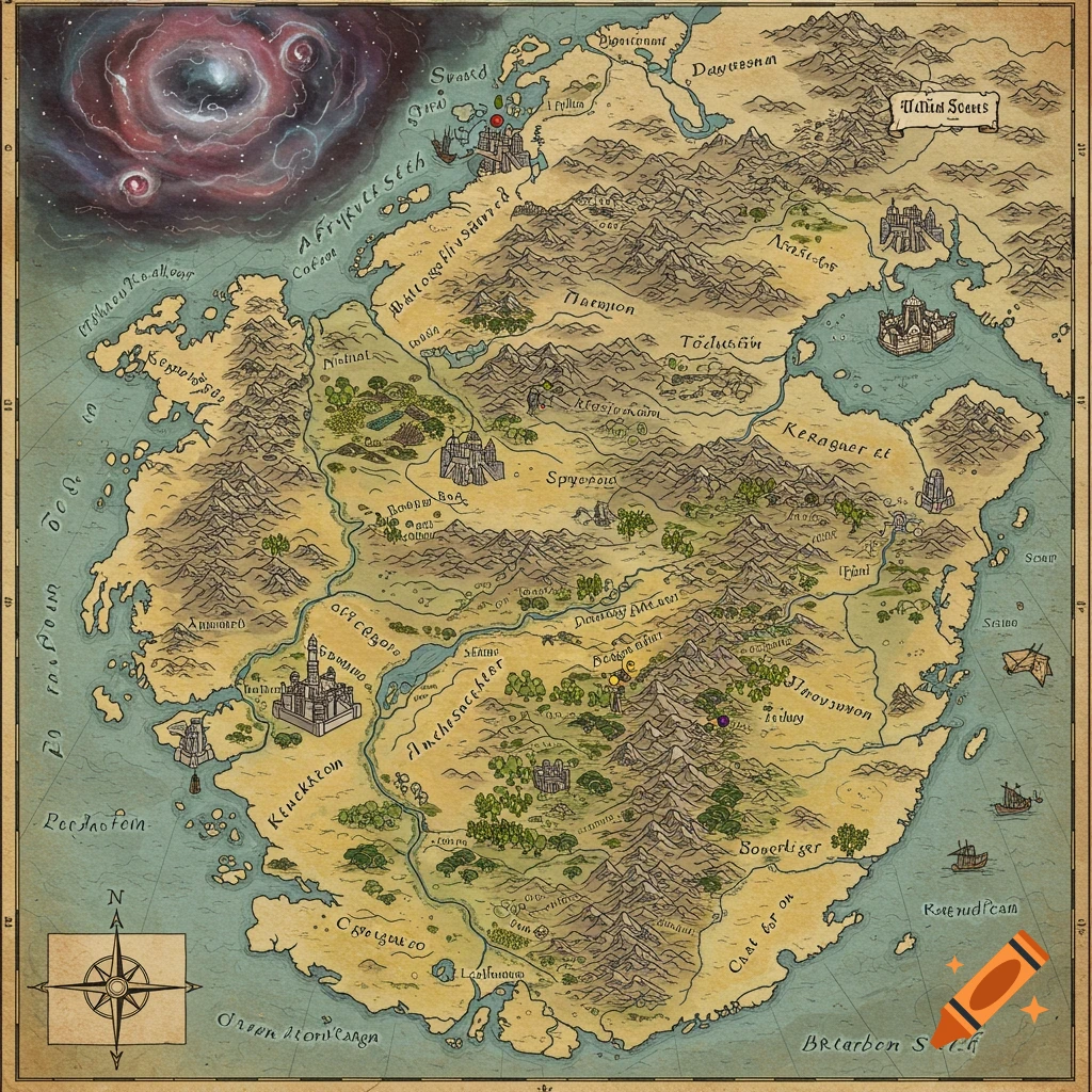 Fantasy continent map with northern mountain range on Craiyon