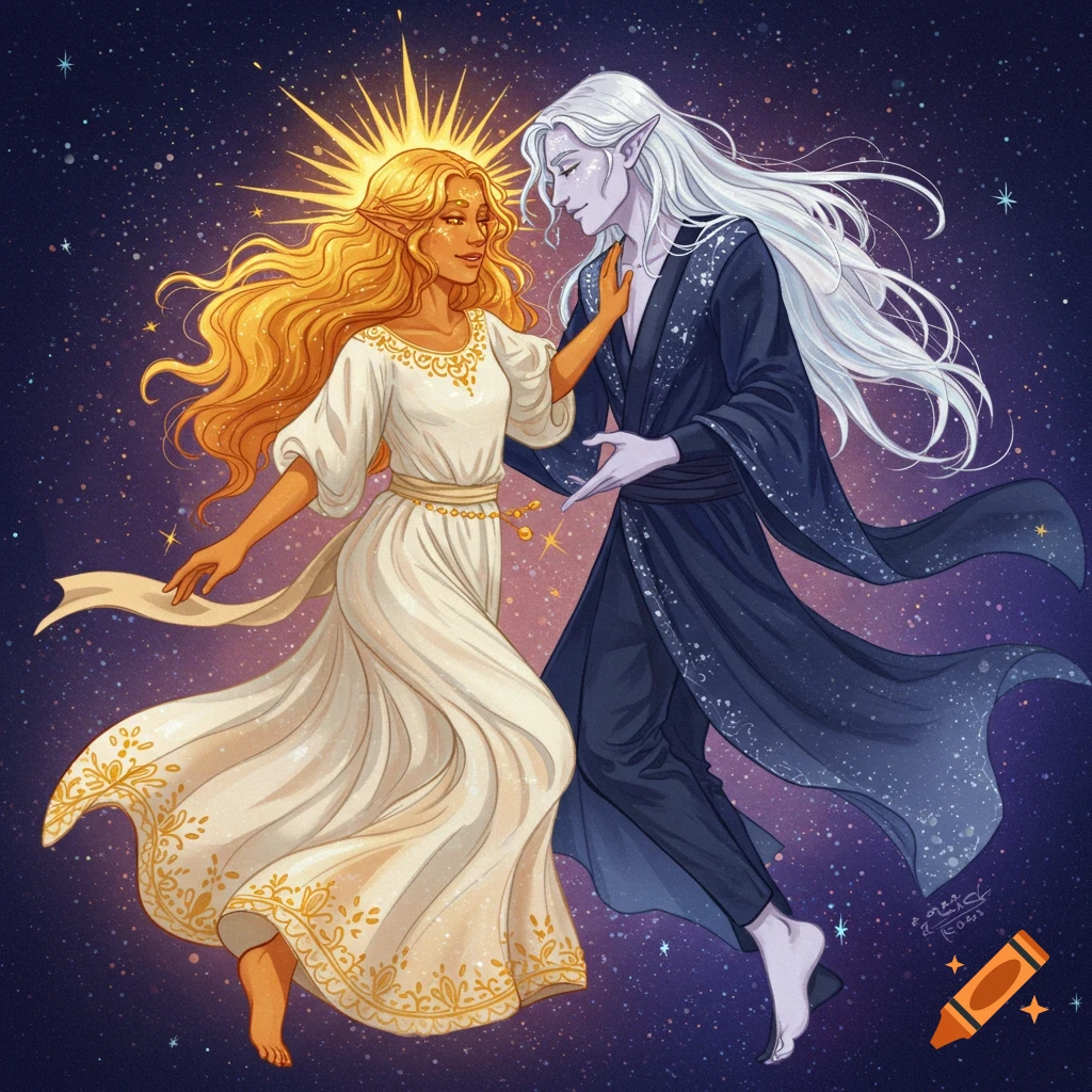 Illustration of a sun maiden and moon youth floating together in space ...