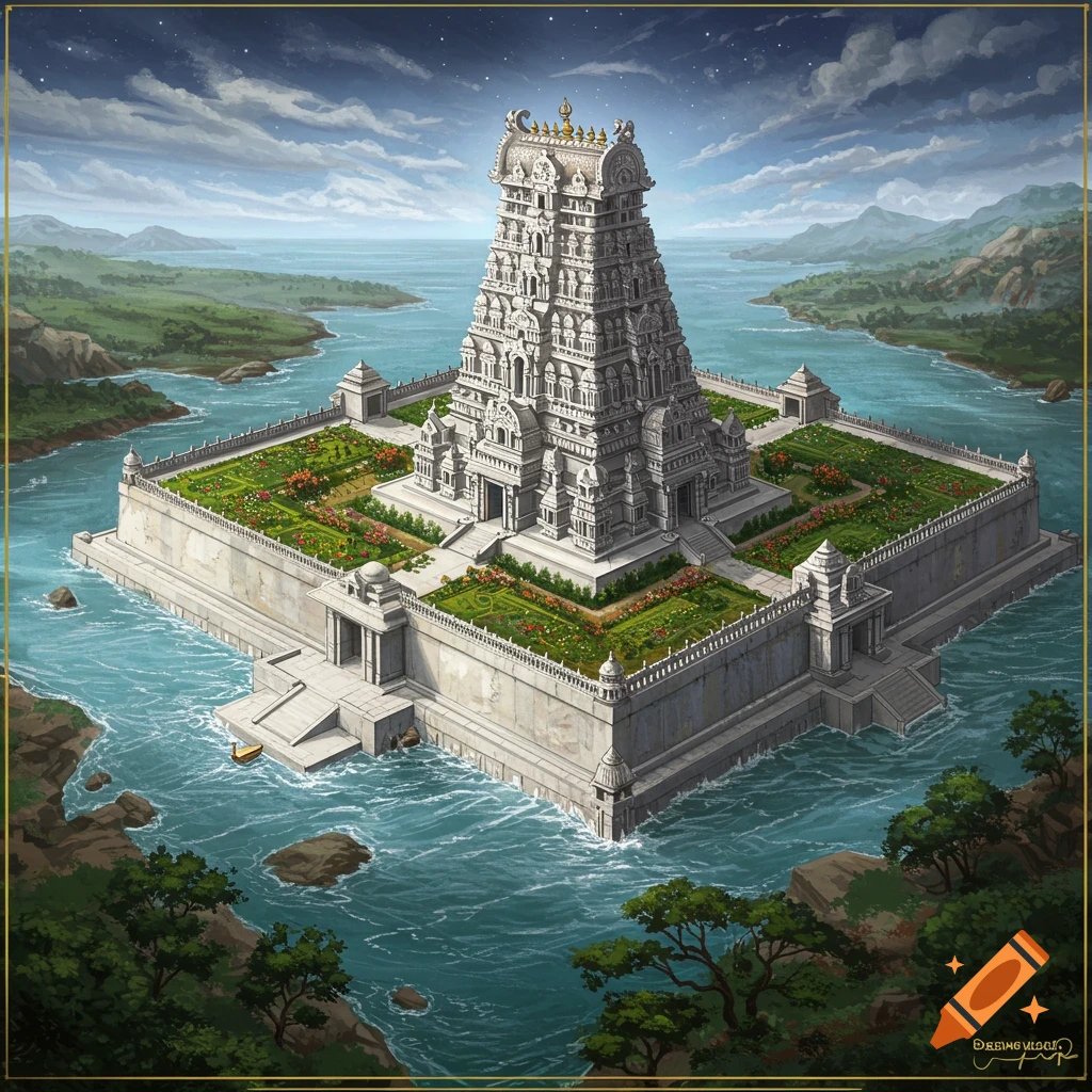 Detailed illustration of a large white tiered temple fortress ...