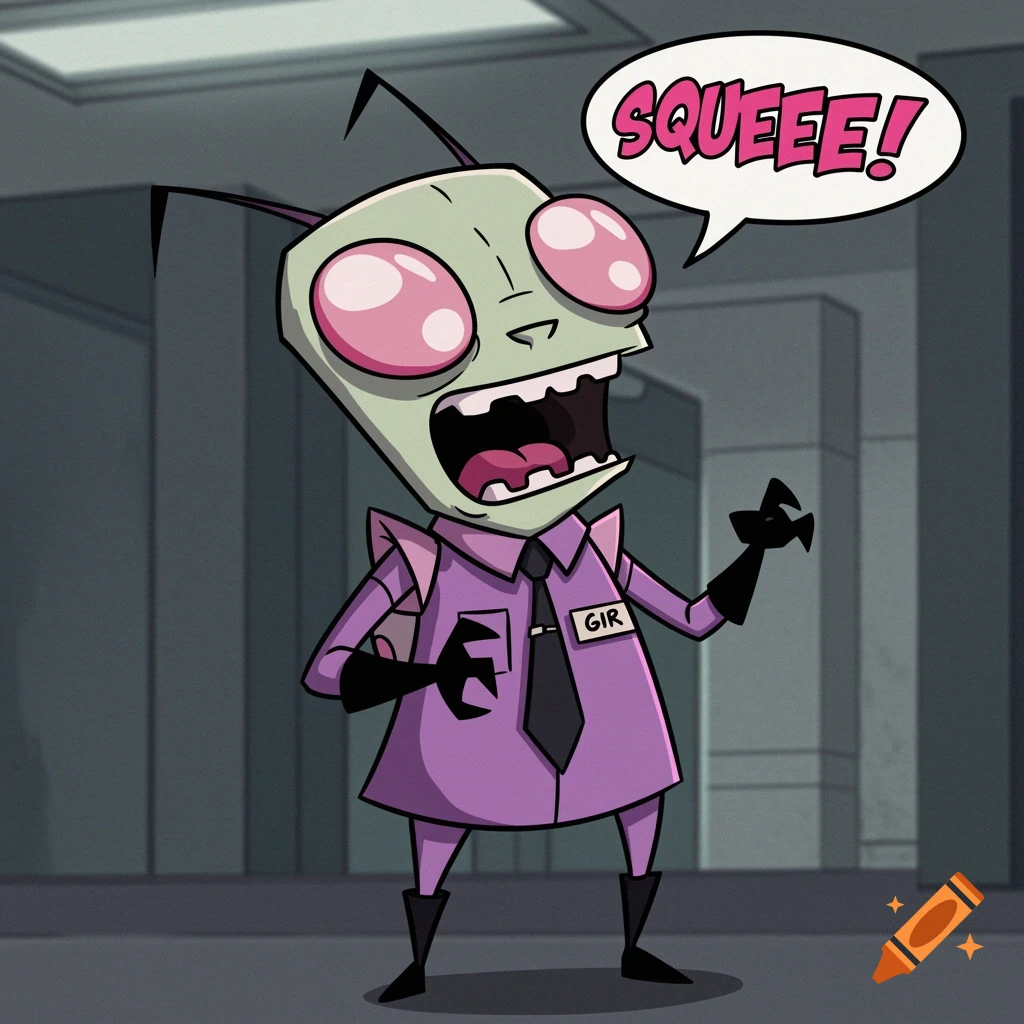GIR from Invader Zim in a manager uniform with a word bubble on Craiyon