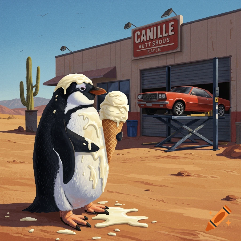 Penguin eating ice cream cone in front of auto repair shop on Craiyon