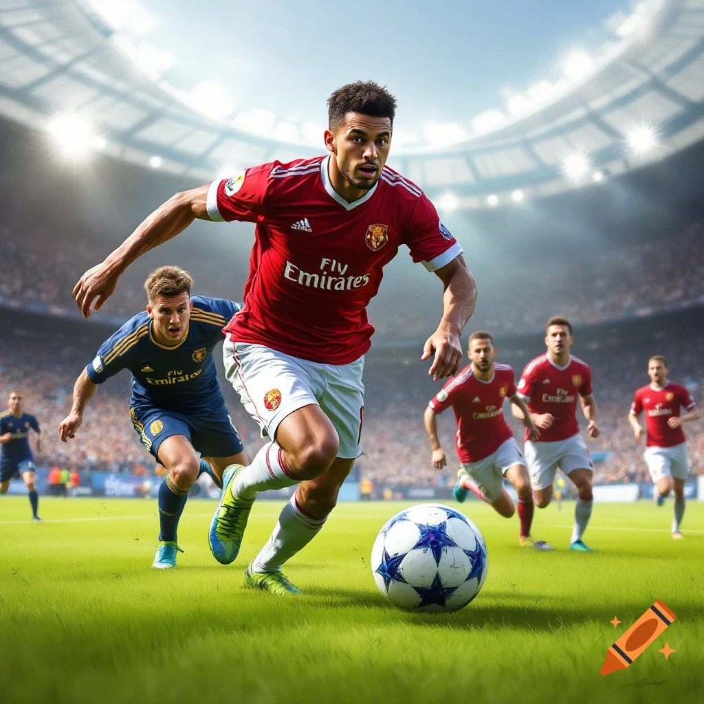 A photorealistic image of football players in action during a match in ...