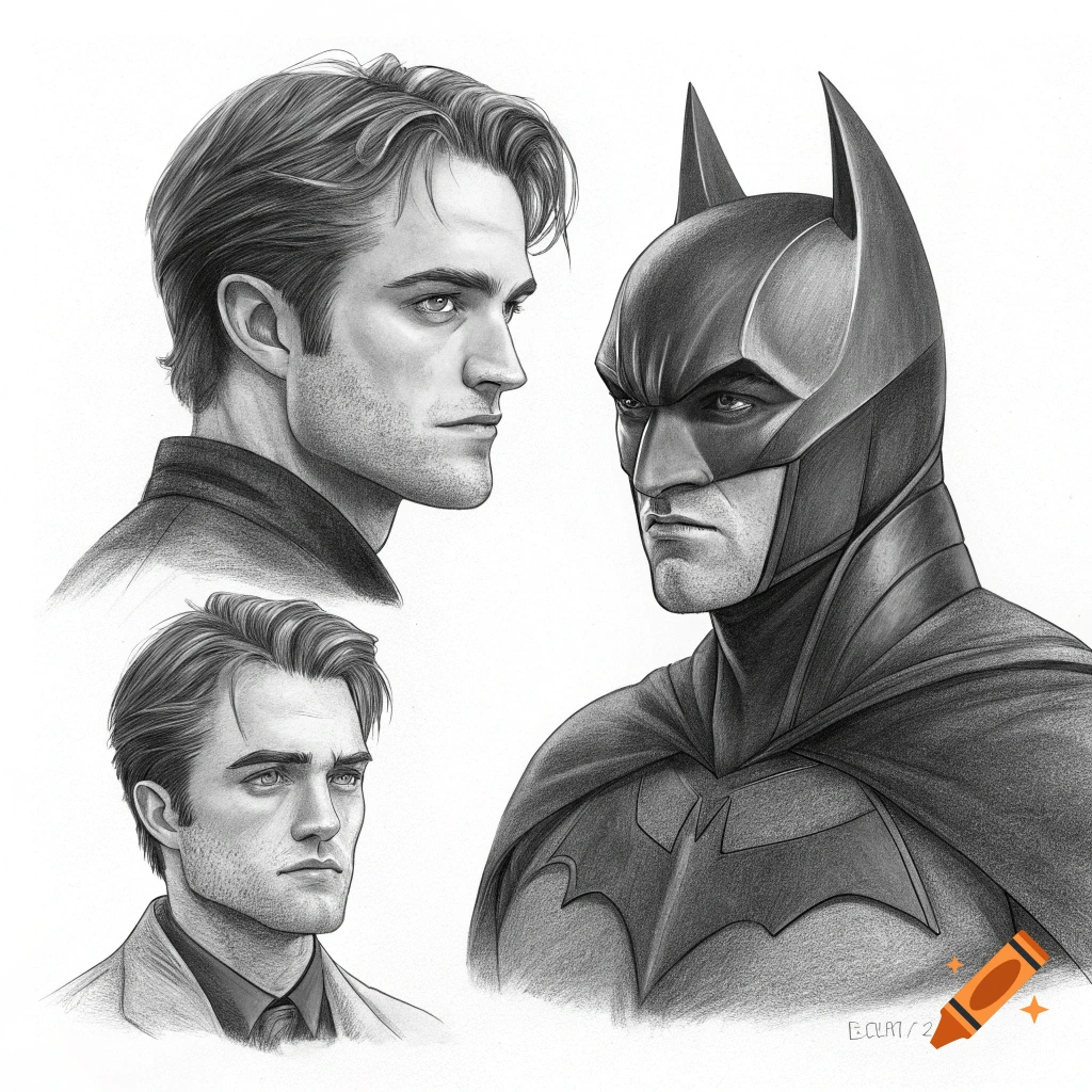 Drawing of Robert Pattinson as Batman from multiple angles on Craiyon