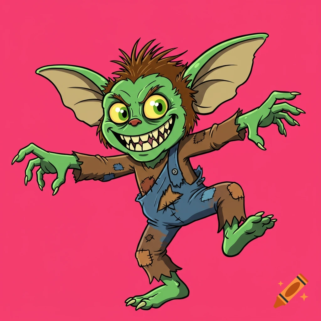 A cartoon green gremlin with large ears and sharp teeth wearing torn ...
