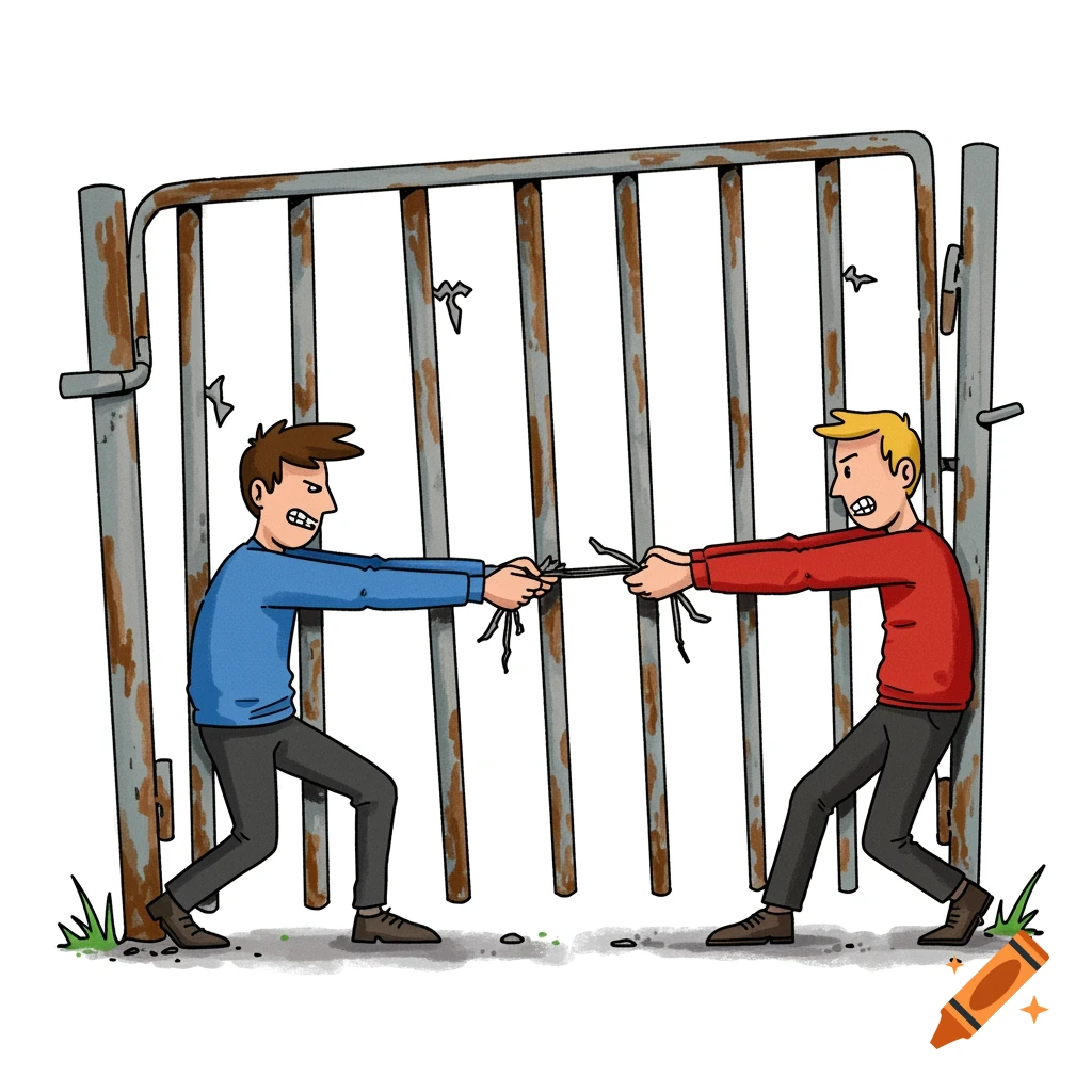 Two cartoon men pull on a rope attached to a gate, struggling. on Craiyon