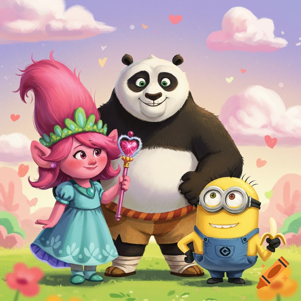 Princess Poppy, Po from Kung Fu Panda, and a Minion on Craiyon