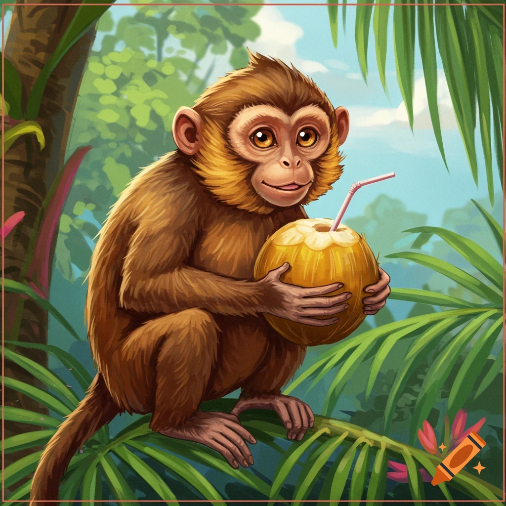 A stylized illustration of a monkey holding a coconut drink in a ...