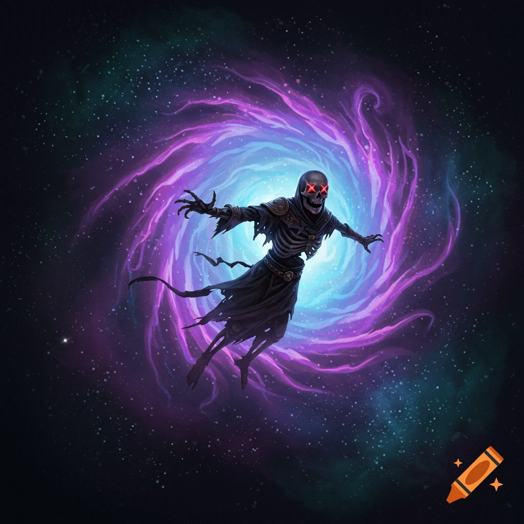 Flying skeleton with X eyes emerging from a portal on Craiyon