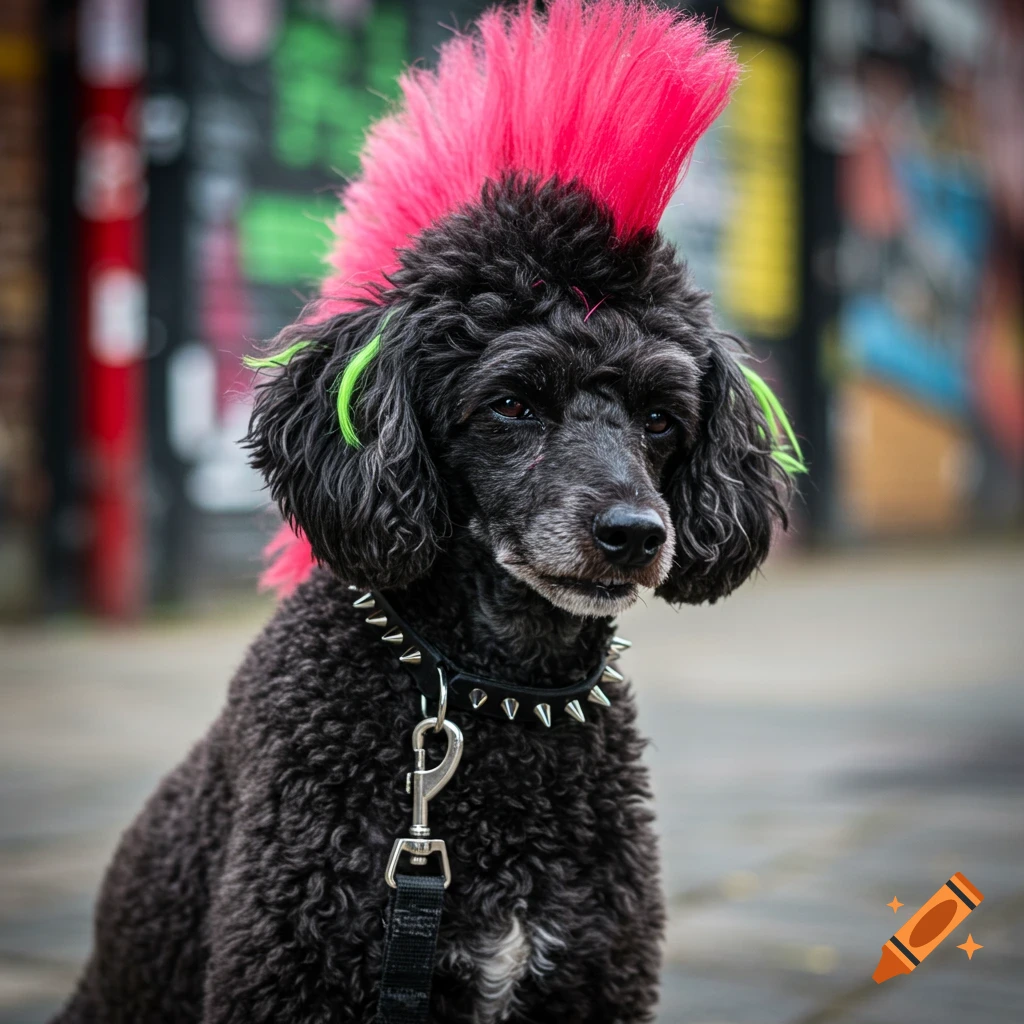 A black poodle with a pink mohawk and spiked collar sits outside on Craiyon
