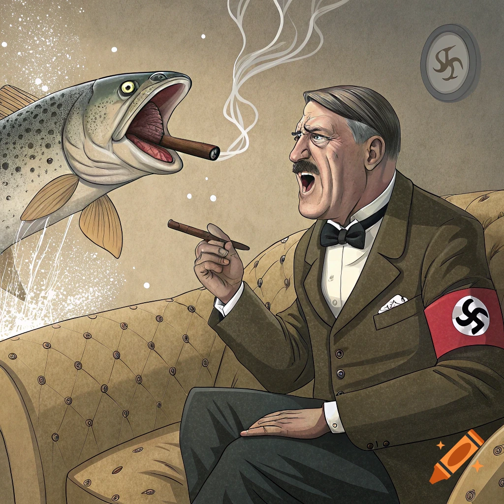 Hitler yelling at a fish smoking a cigar on Craiyon