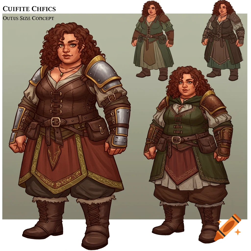 Concept art of a plus-sized dwarf woman in various fantasy outfits and ...