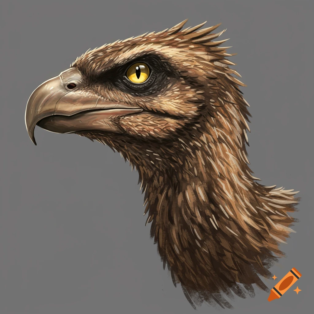 Close-up headshot of a brown bird or raptor with a yellow eye on Craiyon