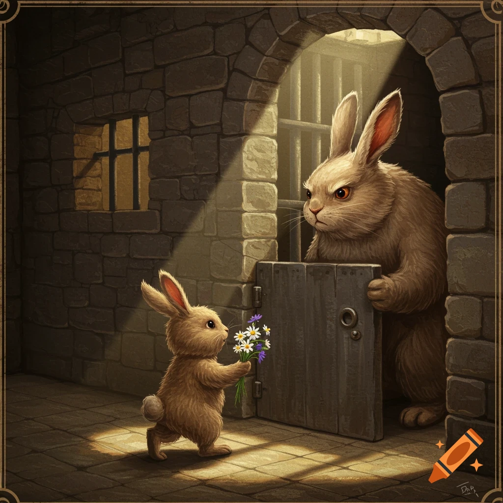 A small rabbit gives flowers to a larger rabbit through prison bars in ...