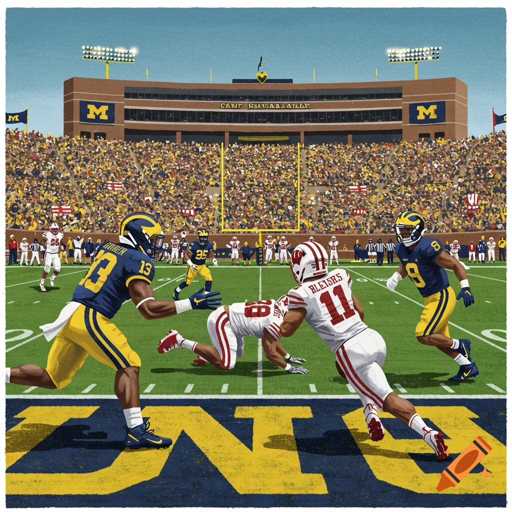 Illustrated aerial view of Michigan Stadium with a large roof and ...