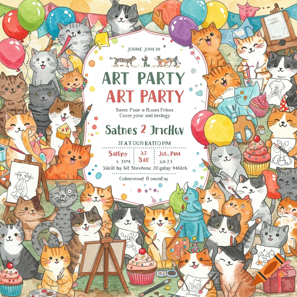 Birthday invitation with cats doing crafts and enjoying cupcakes on Craiyon
