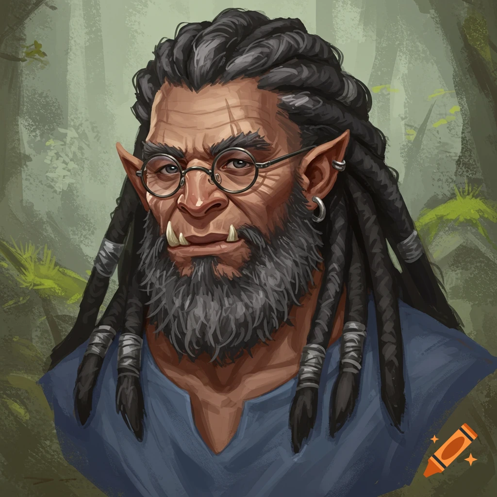 Old half orc with glasses, blue tunic, dreads and beard on Craiyon