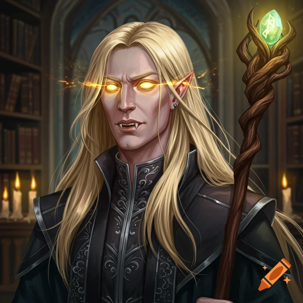 Art of a young tan-skinned male warlock with long blonde hair and halo ...