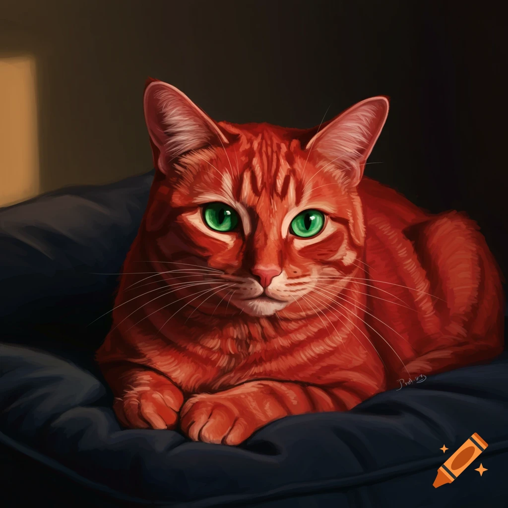 An orange tabby cat with bright green eyes lying on a dark cushion. on ...