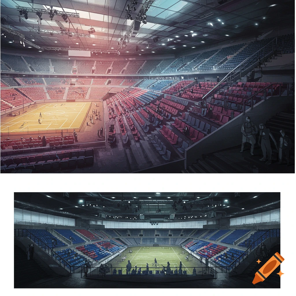 Hockey field featuring large bleachers and a huge television screen on ...