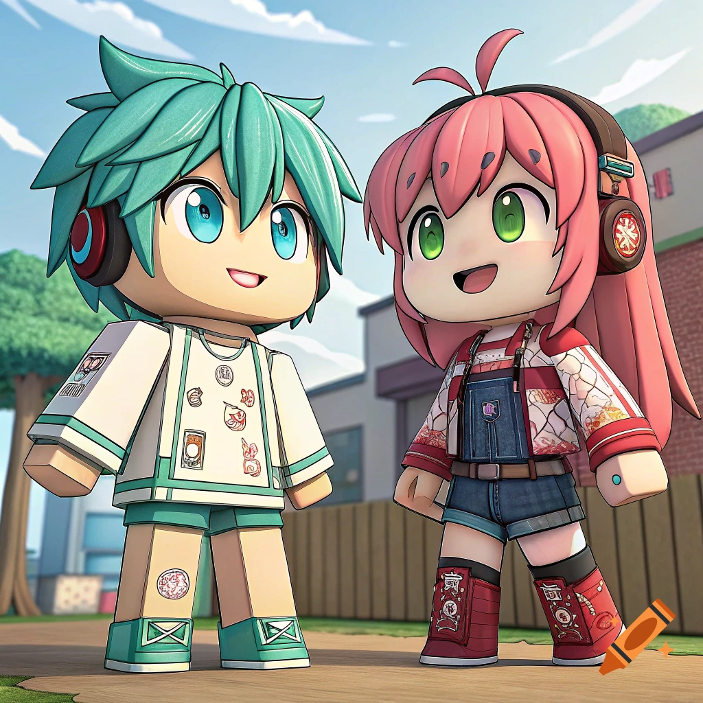 Two chibi-style characters resembling Roblox avatars with teal and pink ...