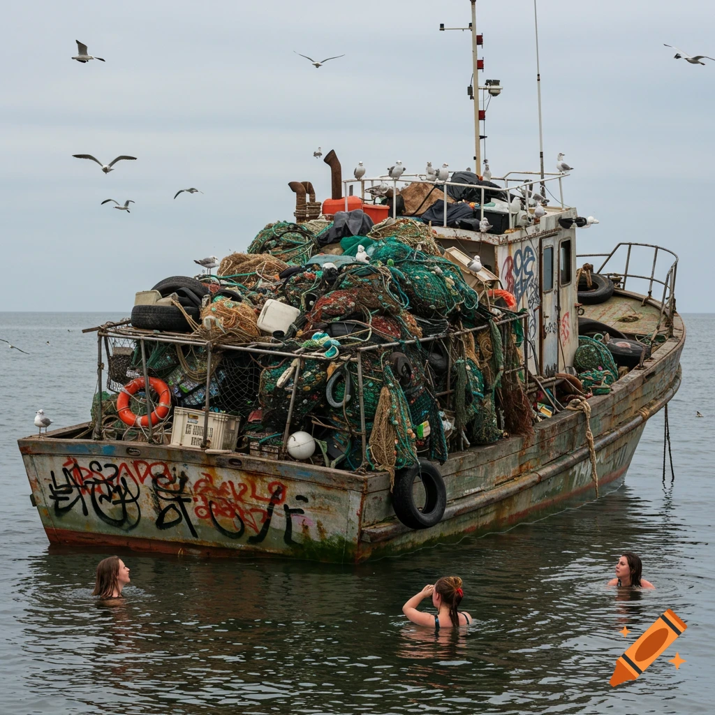 Run-down boat filled with junk in dirty water on Craiyon