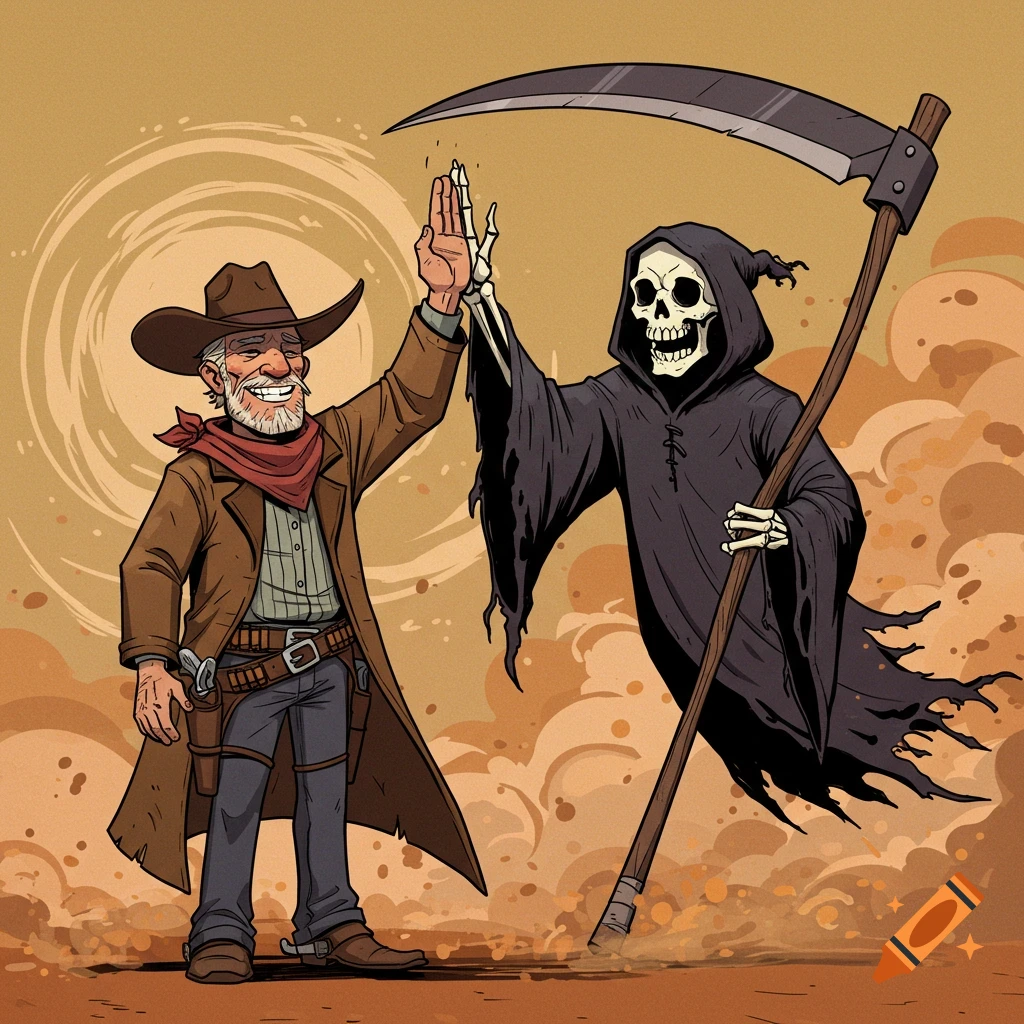 A cartoon illustration of a cowboy giving a high five to the Grim ...