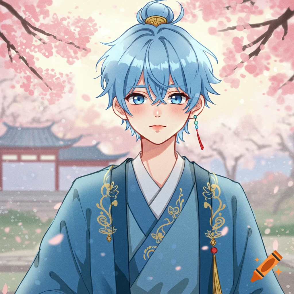 Anime boy with blue hair wearing a hanfu under cherry blossoms. on Craiyon