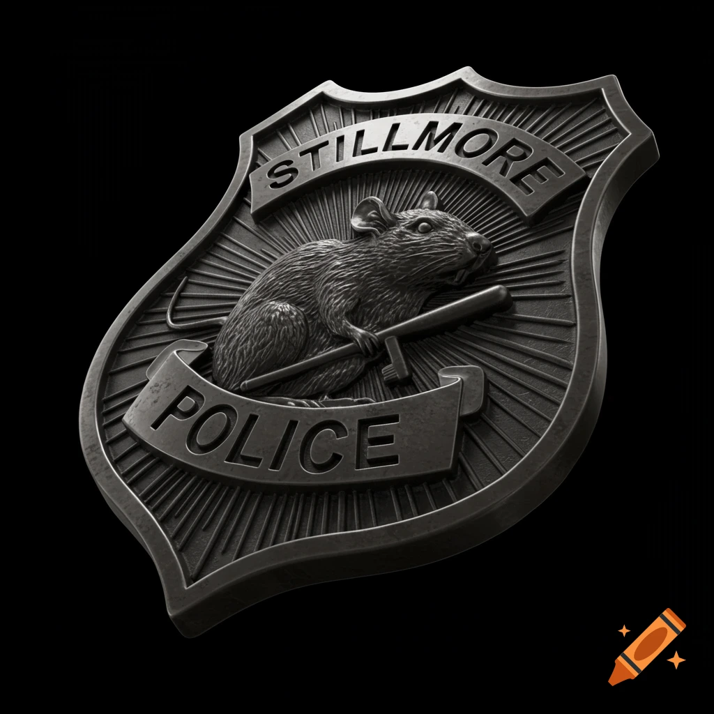 A metallic police badge with a rat holding a bat, text reads "STILLMORE ...