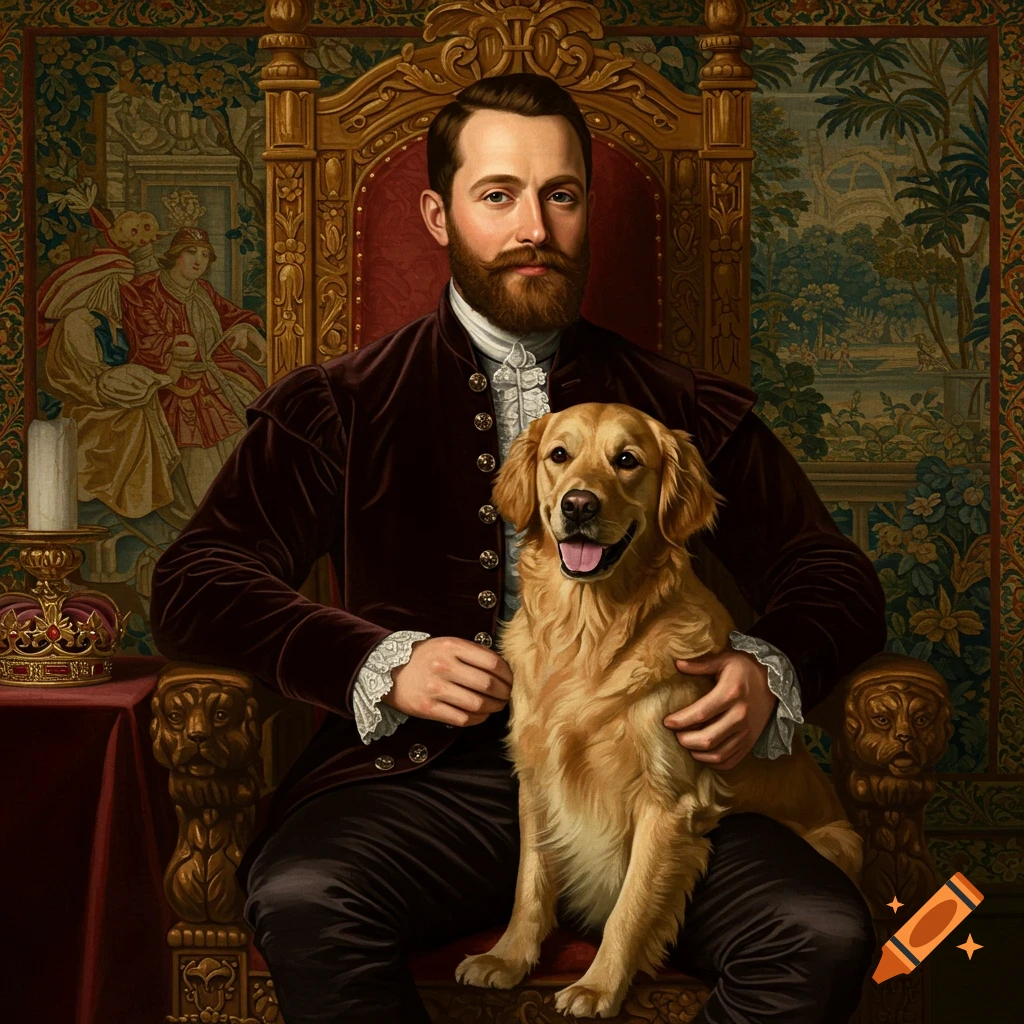 Royal portrait of owner and his dog on Craiyon