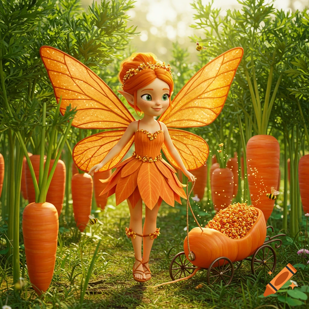 Cartoon fairy with orange wings and dress in a carrot field, pulling a small cart. on Craiyon