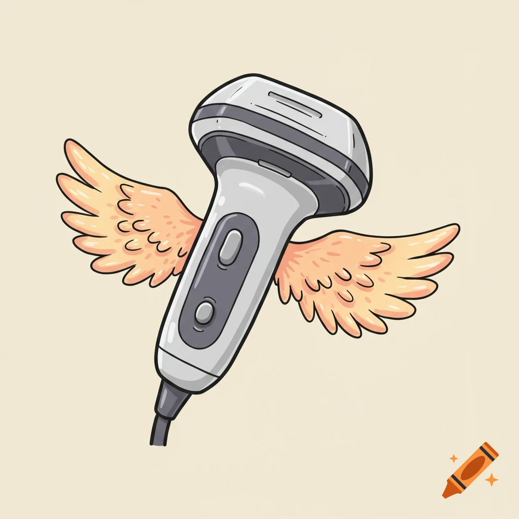 A cartoon illustration of an ultrasound probe with wings. on Craiyon