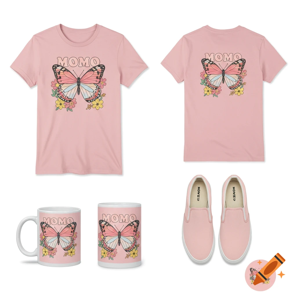 Merchandise mockup set with pink t-shirt, mugs, and shoes featuring a ...