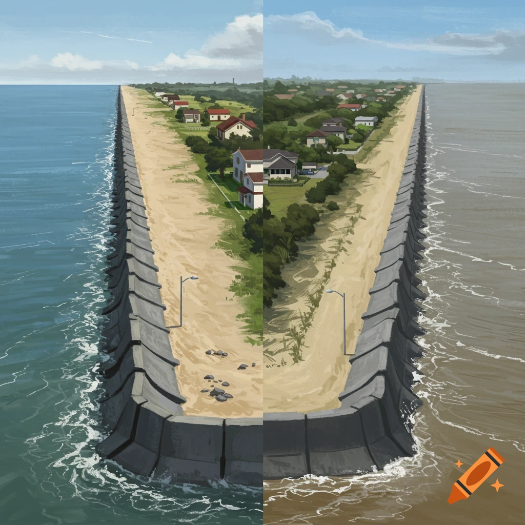 Split image shows a coastal town with a sea wall. Left: dry land with ...