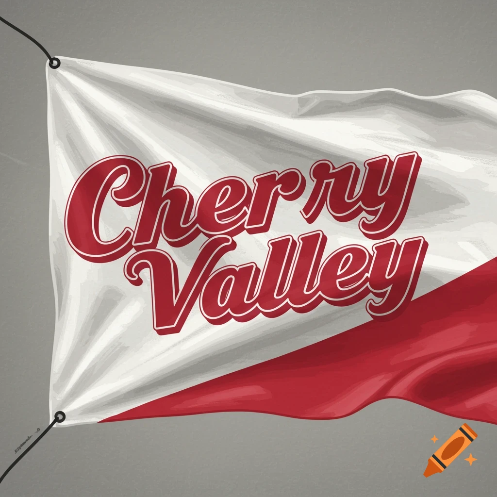 White flag with red text 'Cherry Valley' and a red stripe along the ...