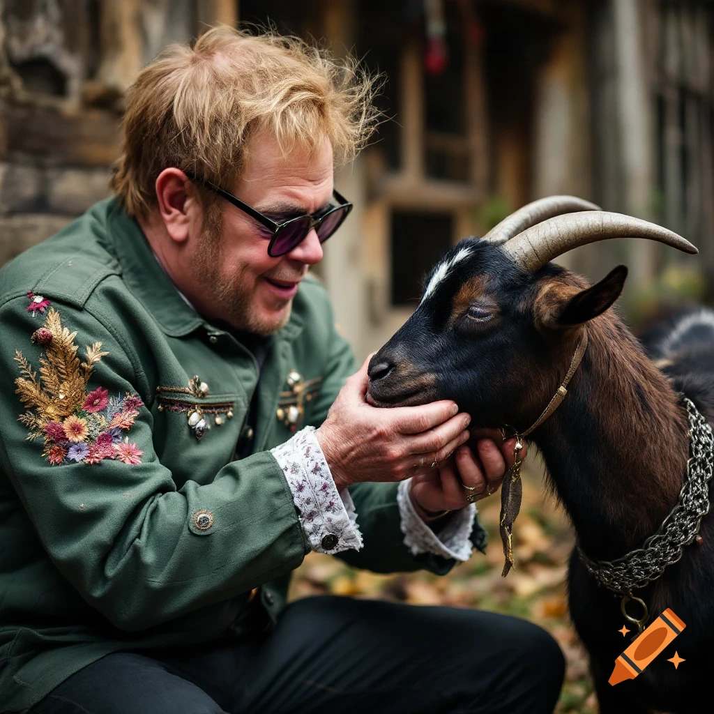 Photorealistic image of Elton John petting a goat. on Craiyon