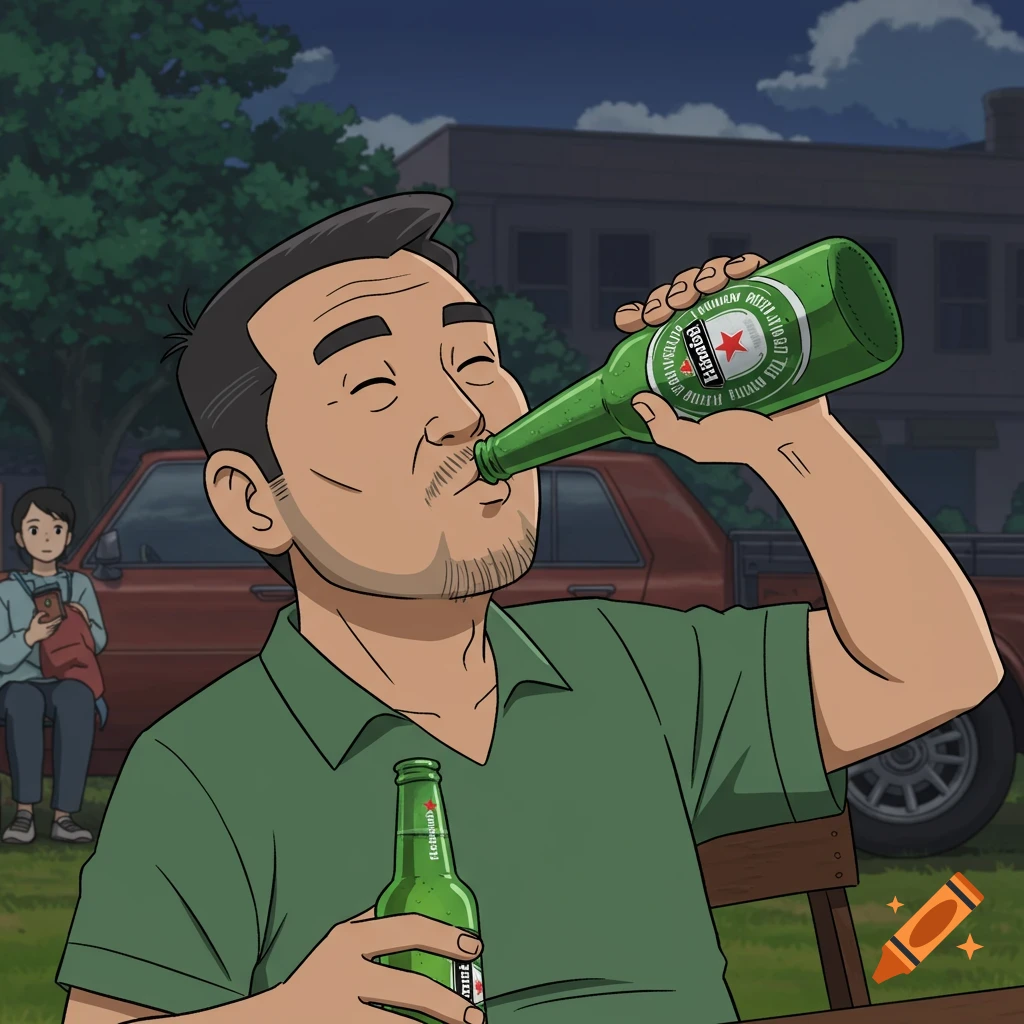Asian dad drinking Heineken beer at a tailgate party, Ghibli animation ...