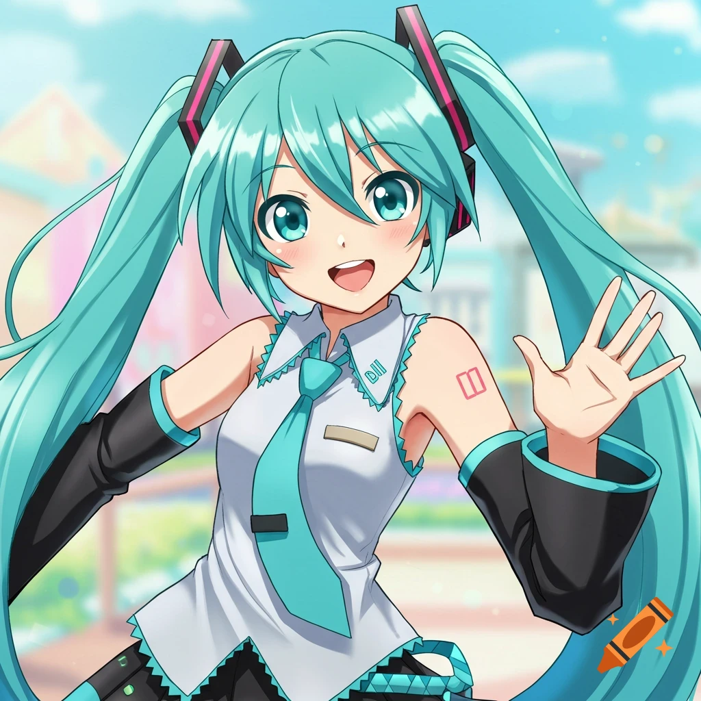 Anime character Hatsune Miku smiling with arms wide open against a ...