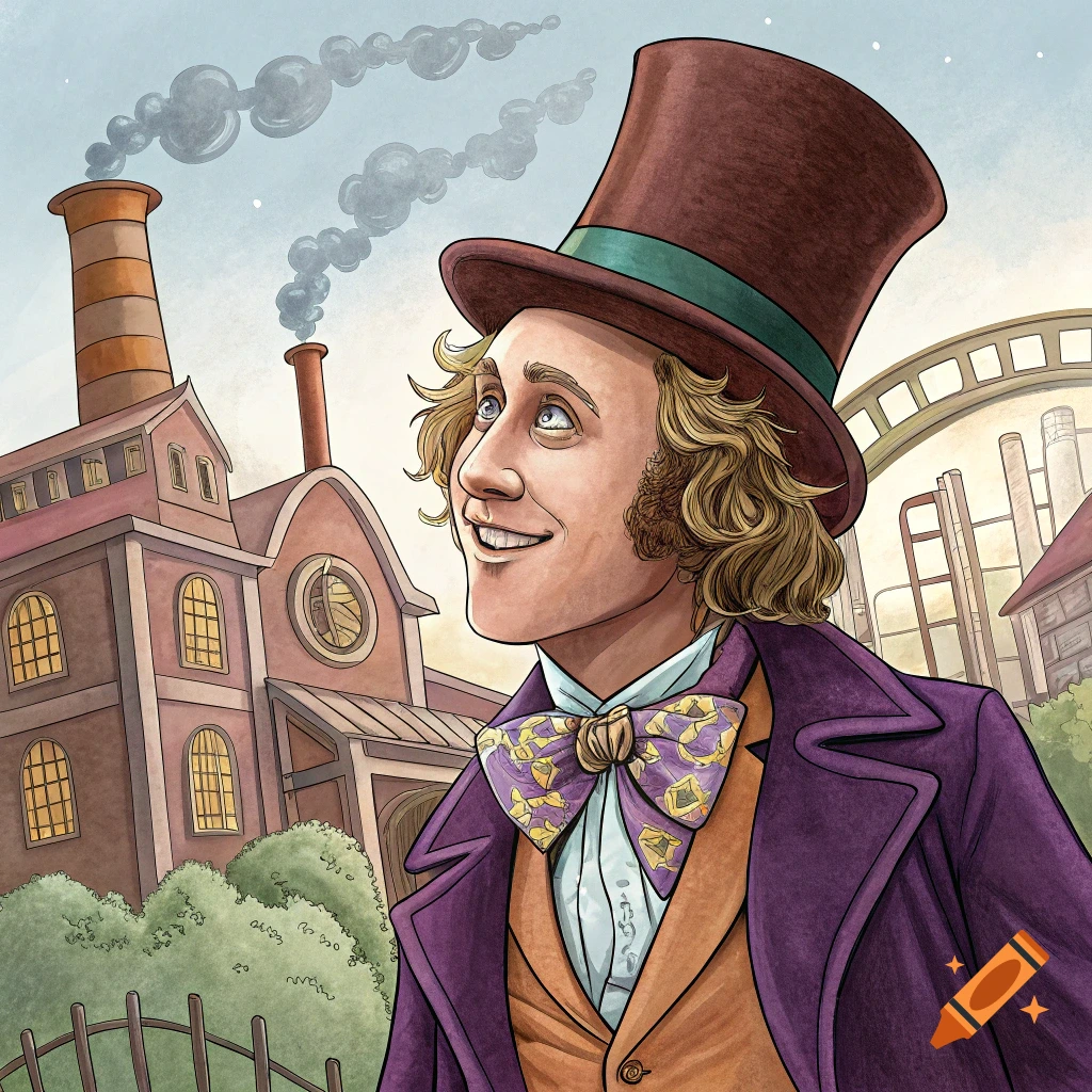 Illustrated portrait of Willy Wonka smiling in front of his chocolate ...