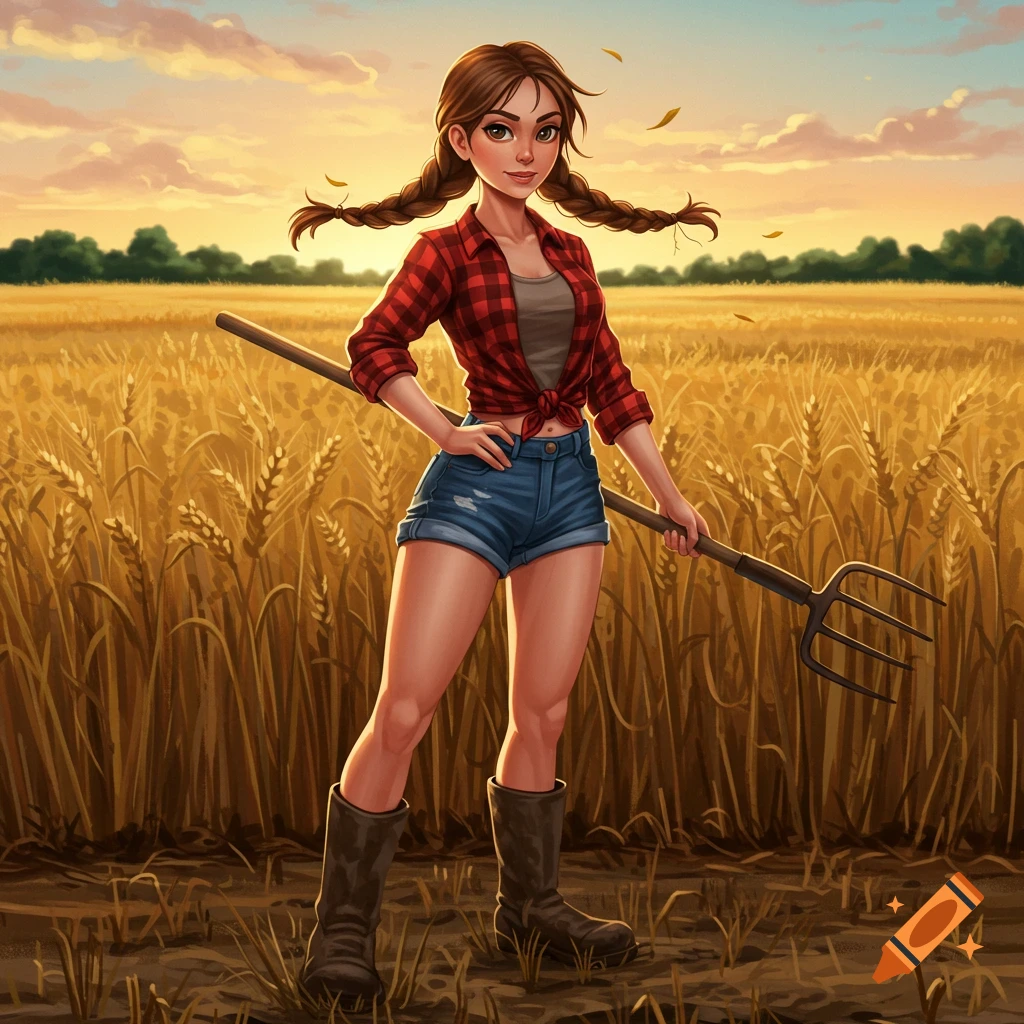 Illustration of a farmer girl with braids in a wheat field at sunset ...