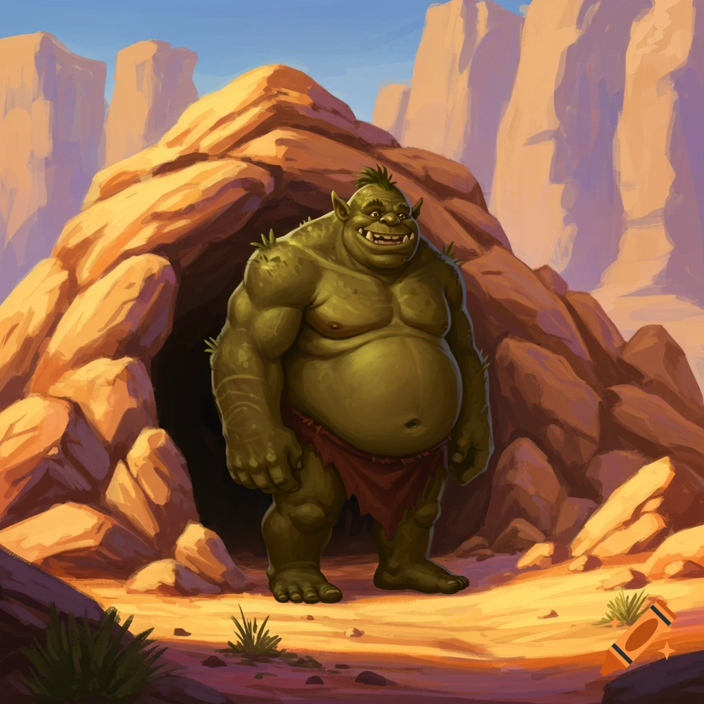 A green ogre stands in front of a cave in a desert landscape. on Craiyon