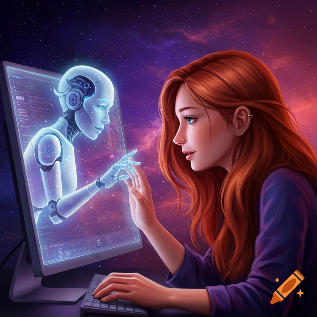 Human and AI touching computer screens from different locations ...